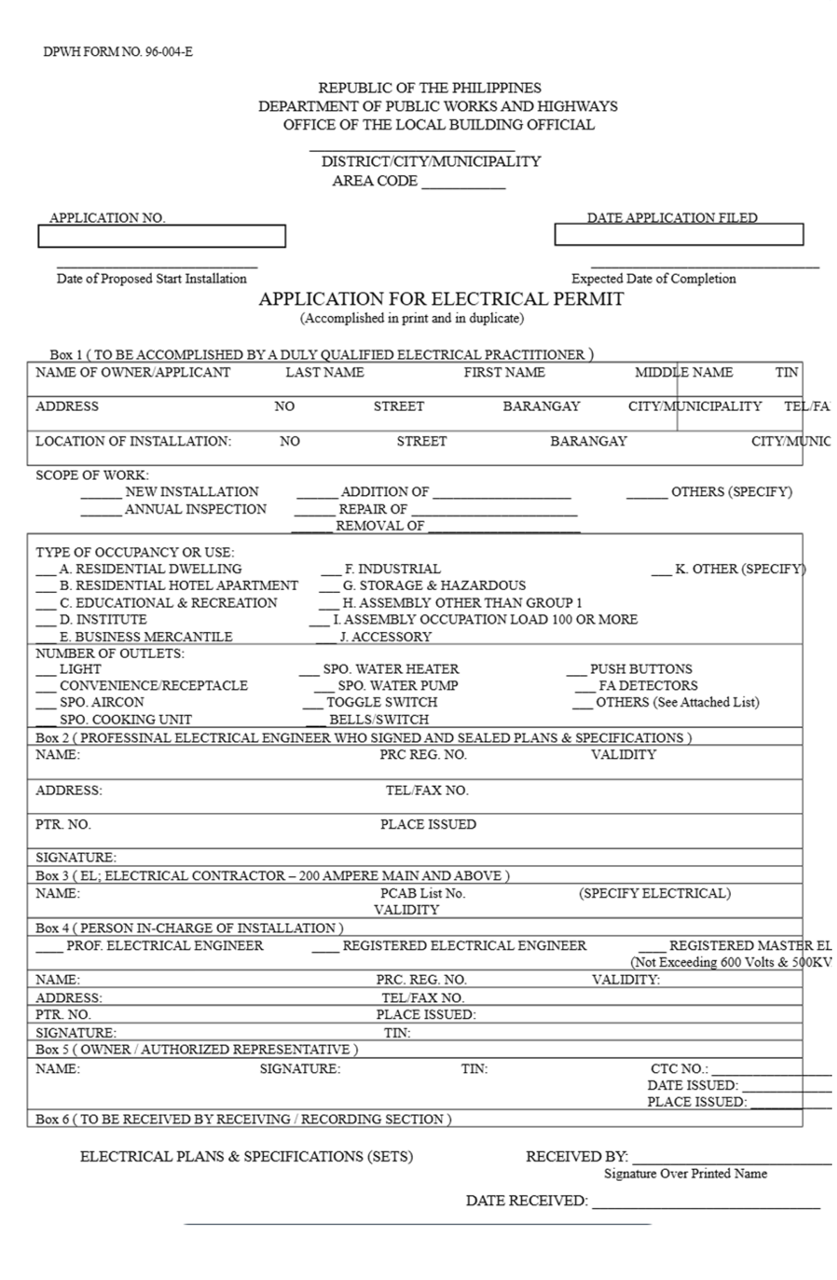 Electrical Permit Application - DPWH Form for Local Building Official ...