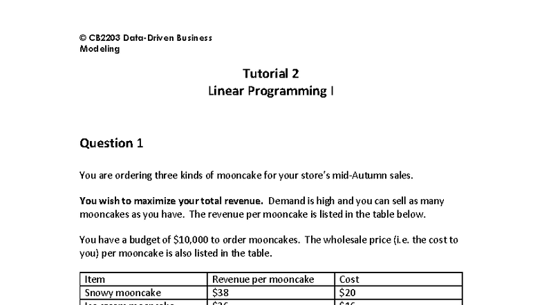 CB2203 Business Modeling Tutorial 2: Linear Programming I - Studocu