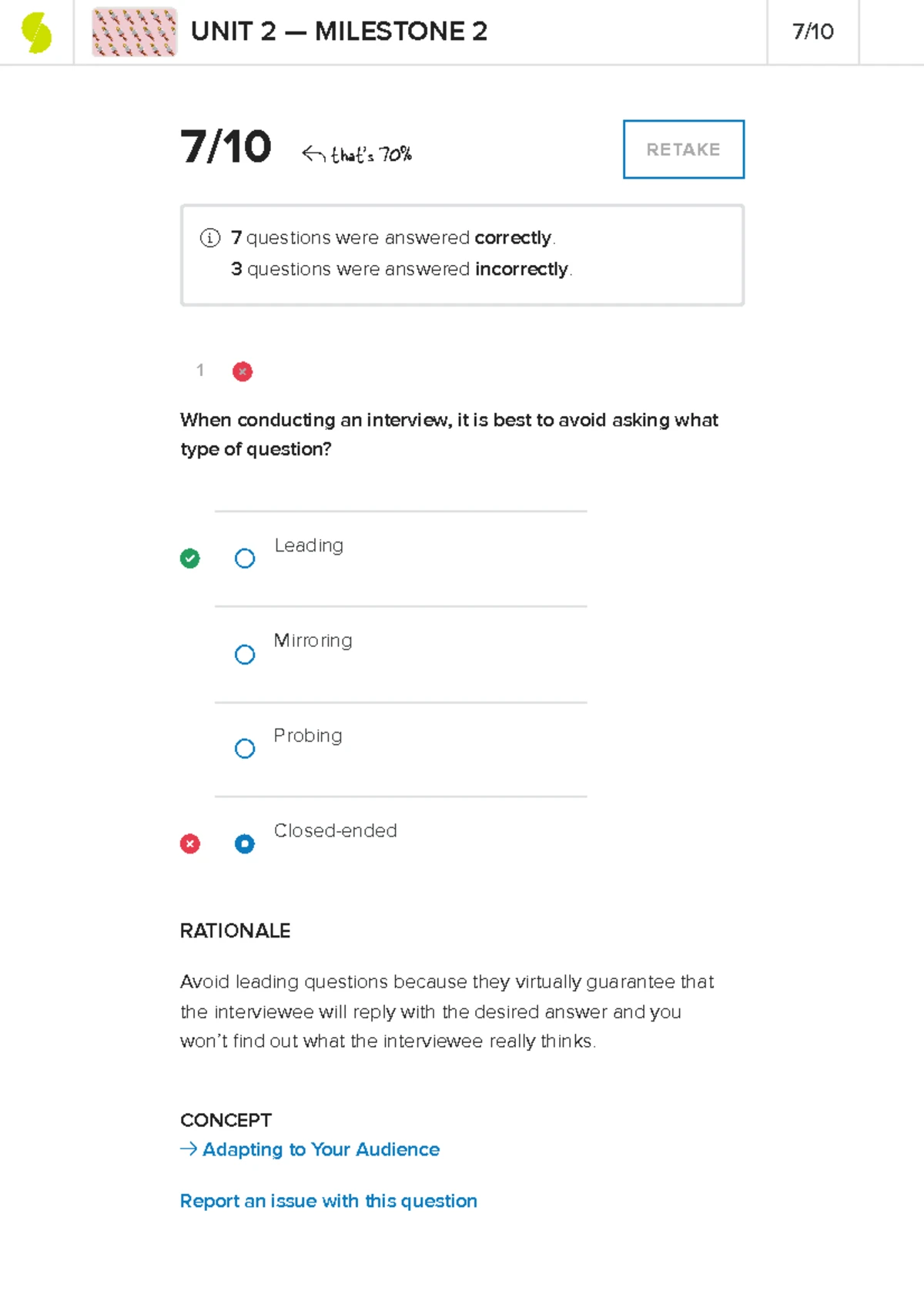 Sophia UNIT 01 Milestone - 1 14 / 16 that's 88% RETAKE 14 questions ...
