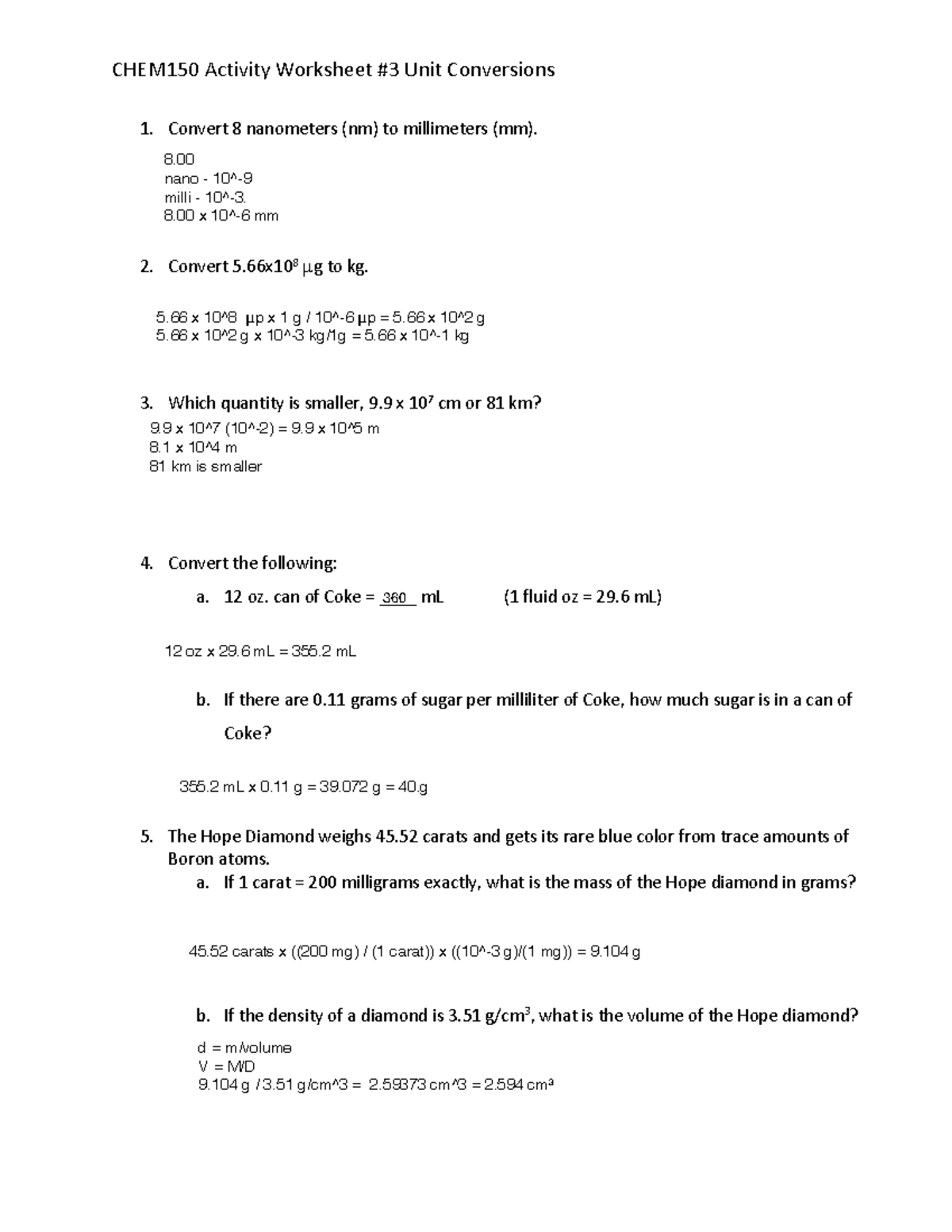 CHEM150 Activity Worksheet #3: Unit Conversions & Calculations - Studocu