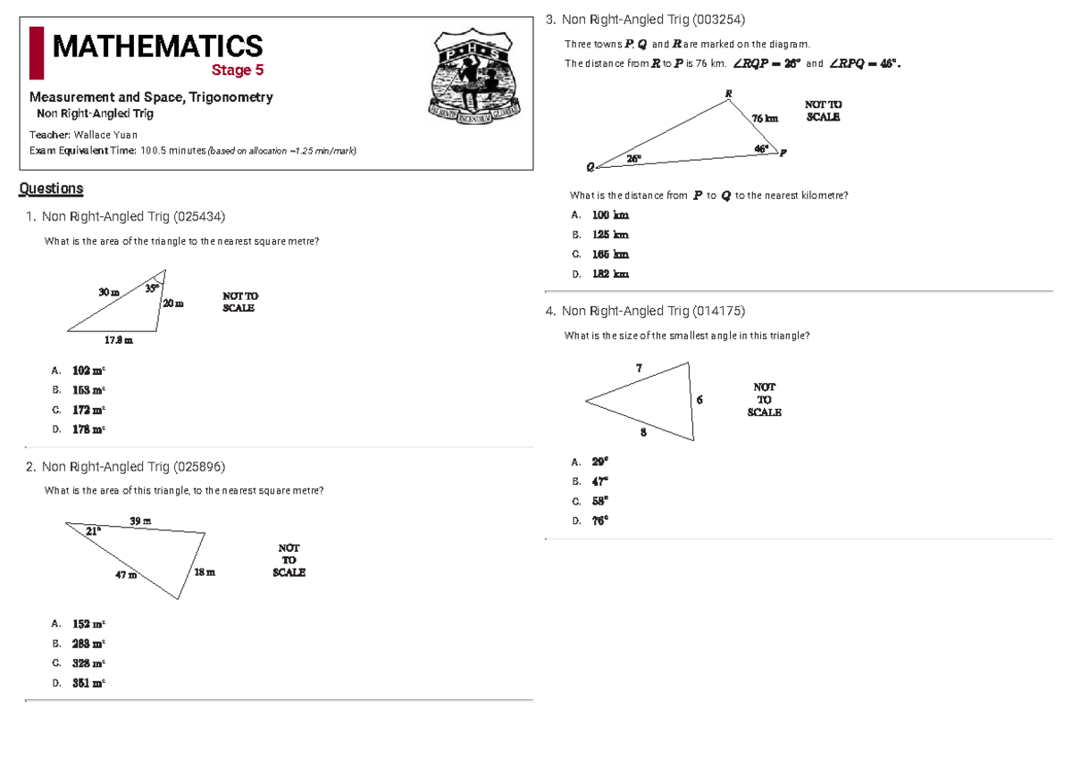 Non Trig (003254) Mathematics Stage 5: Triangle Solutions and Distances ...