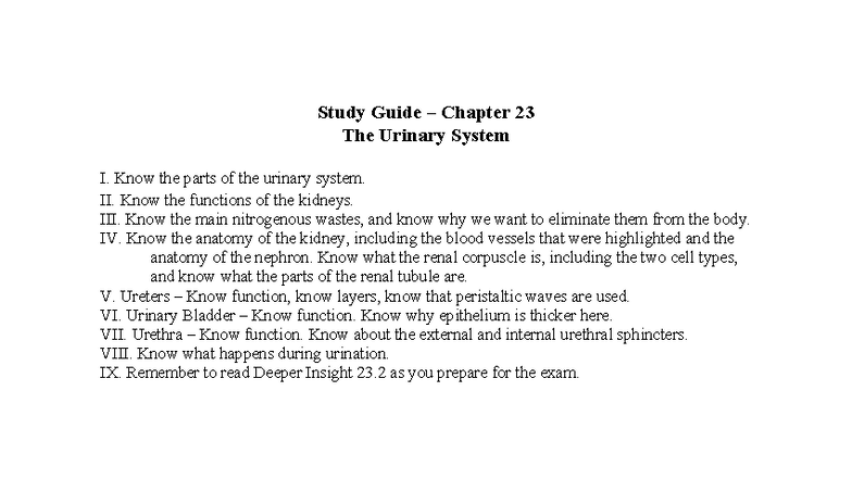 Study Guide - Chapter 23: The Urinary System Exam Prep - Studocu