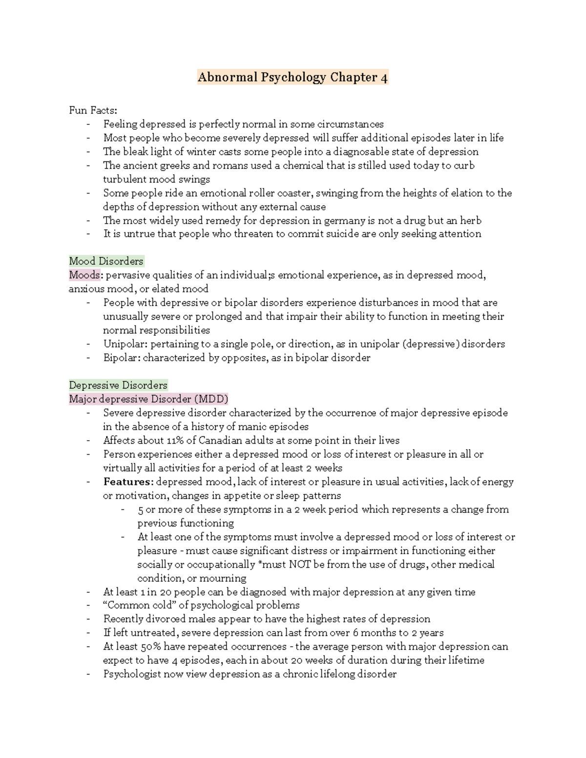 Abnormal Psychology CH 4: Insights on Mood Disorders and Depression ...