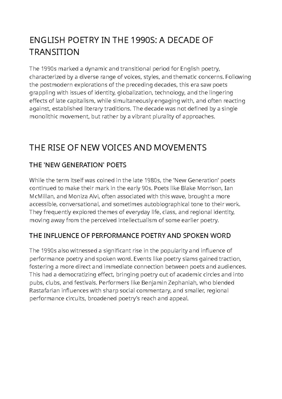 ENGL 101: 90s English Poetry Summary - A Decade of Transition - Studocu