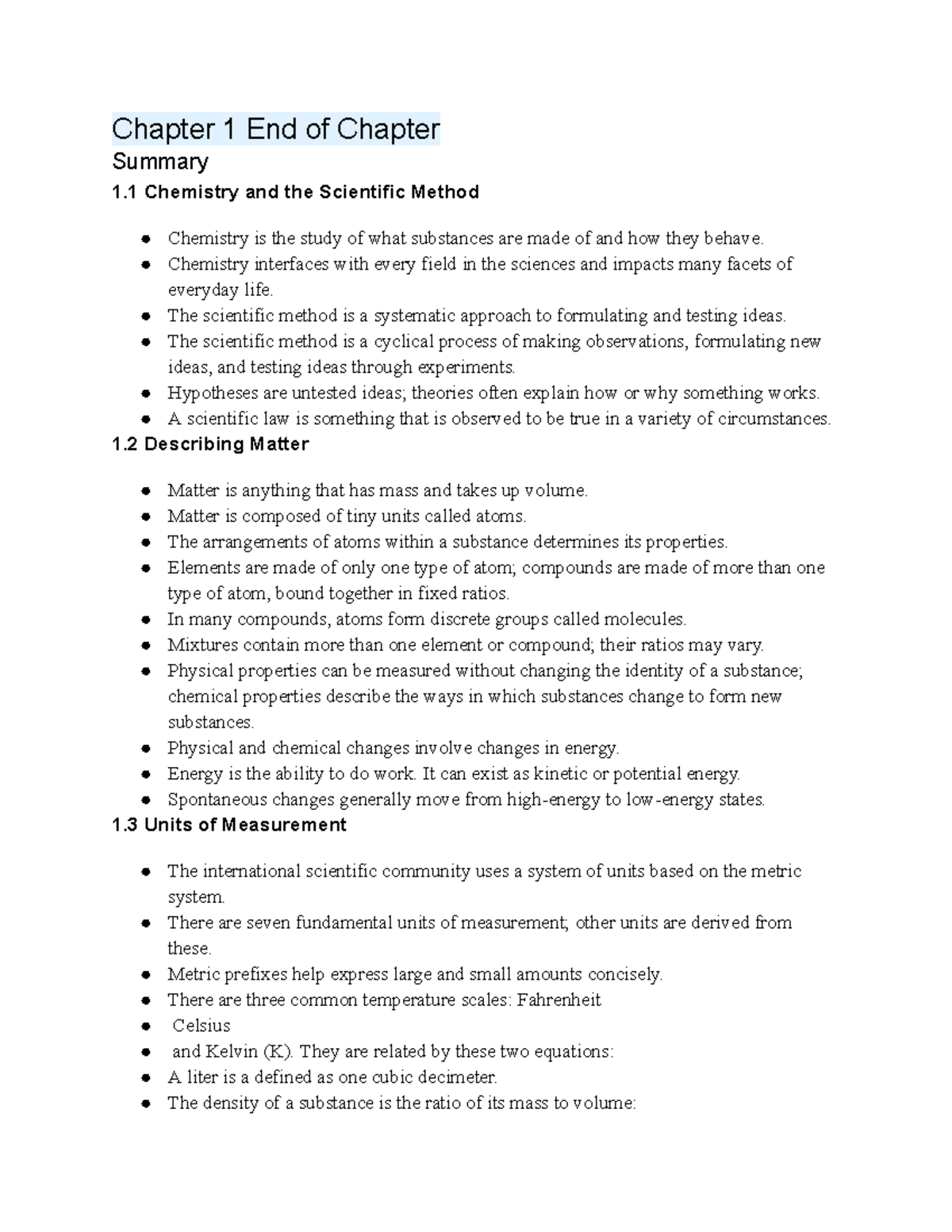 Chemistry 101: Chapter 1 Summary - Scientific Method & Matter Concepts - Studocu