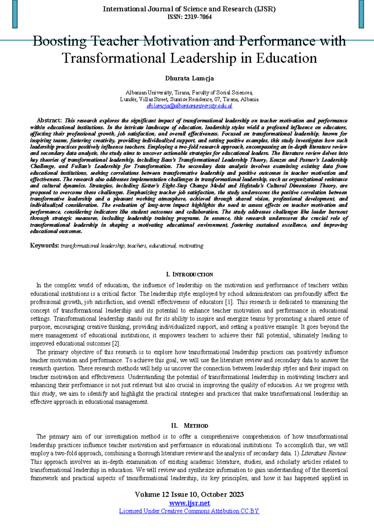 IJSR: Enhancing Teacher Motivation & Performance via Transformational ...