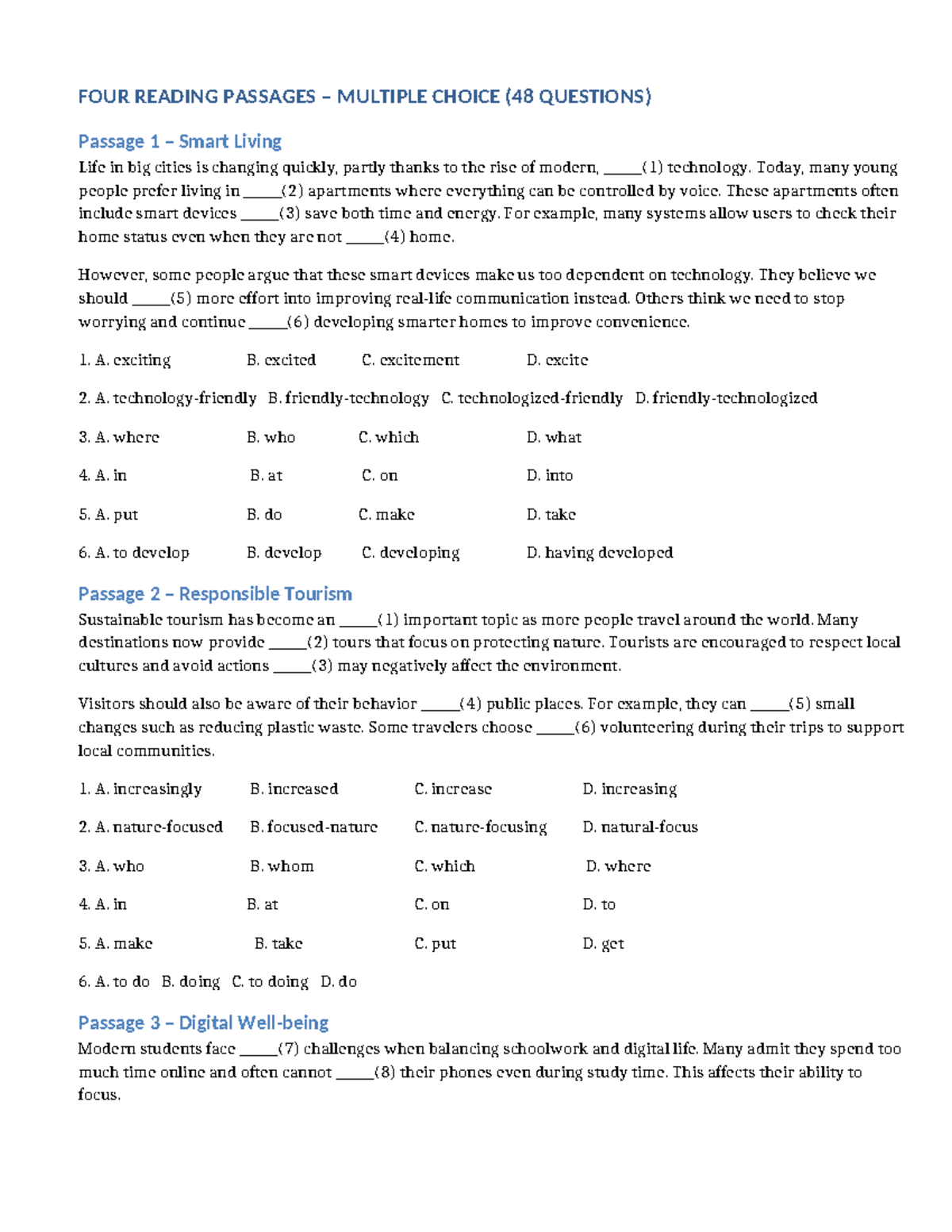 Practice TEST 6: FOUR READING PASSAGES MULTIPLE CHOICE (48 QUESTIONS ...