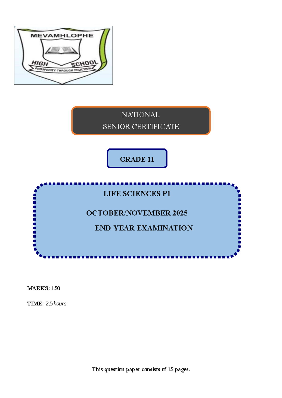 Grade 11 Life Sciences P1 Exam 2025 - Question Paper - Studocu