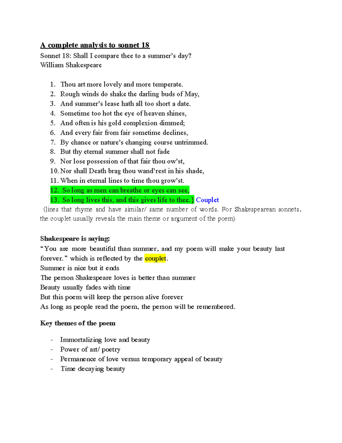 Sonnet 18 Analysis: Themes, Devices, and Immortality in Poetry - Studocu