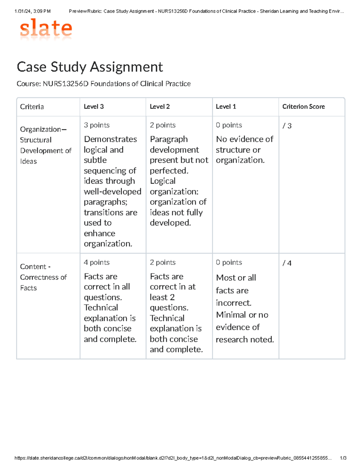 Rubric for Case Study Assignment - NURS13256D Foundations of Clinical ...
