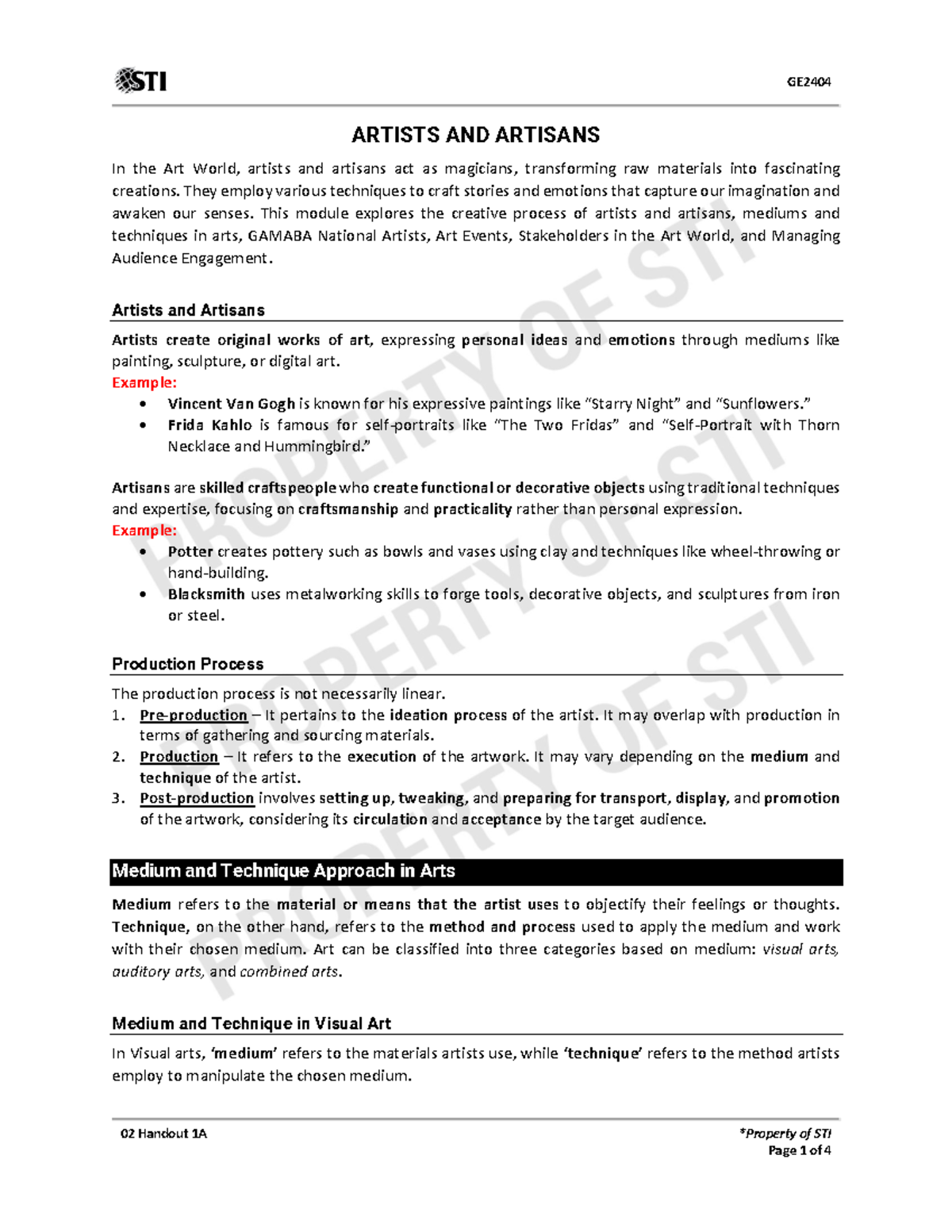 02 Handout 1A-ART: Exploring Artists, Artisans, and Their Techniques ...