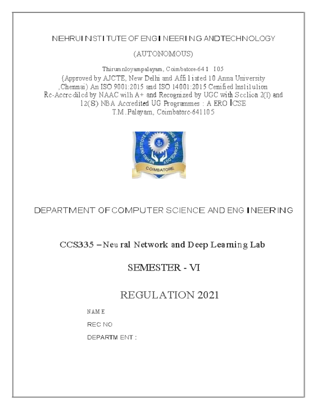 NNDL LAB Record - CCS 335 Neural Networks & Deep Learning Lab - Studocu