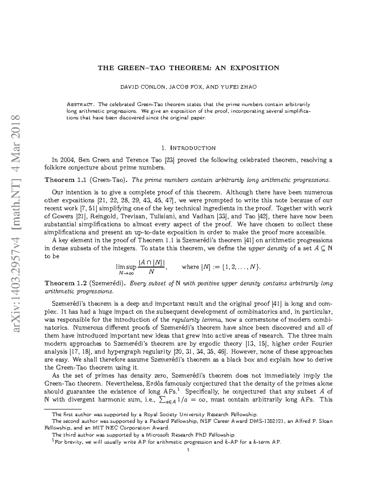 Green Tao - arXiv:1403 [math] 4 Mar 2018 THE GREEN–TAO THEOREM: AN ...