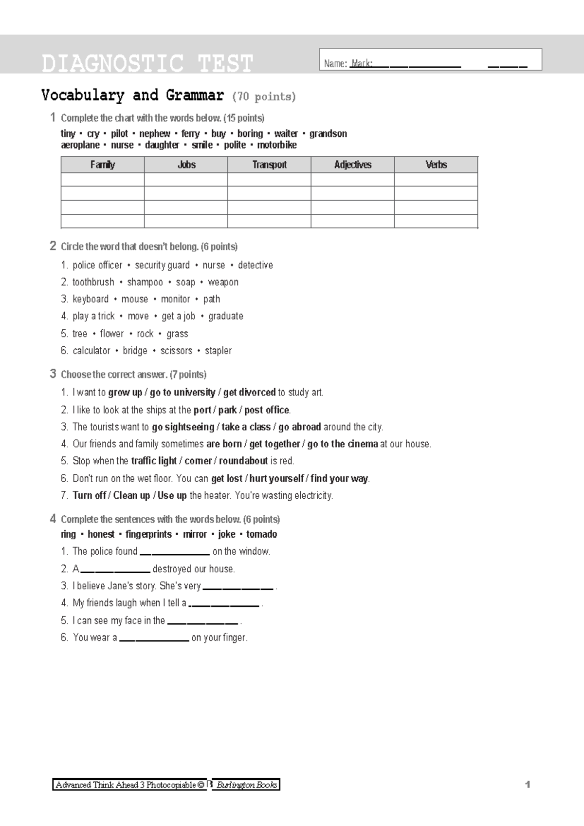 Advanced Think Ahead 3: Diagnostic Test on Vocabulary & Grammar - Studocu