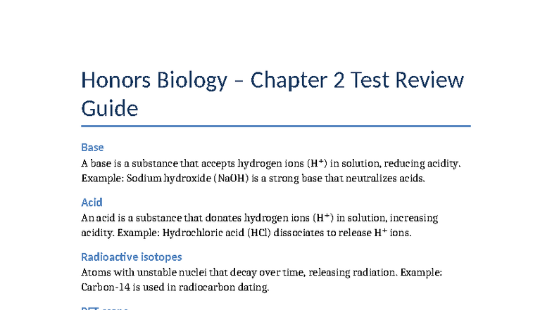 Honors Biology CH2 Test Review Guide: Key Concepts and Terms - Studocu