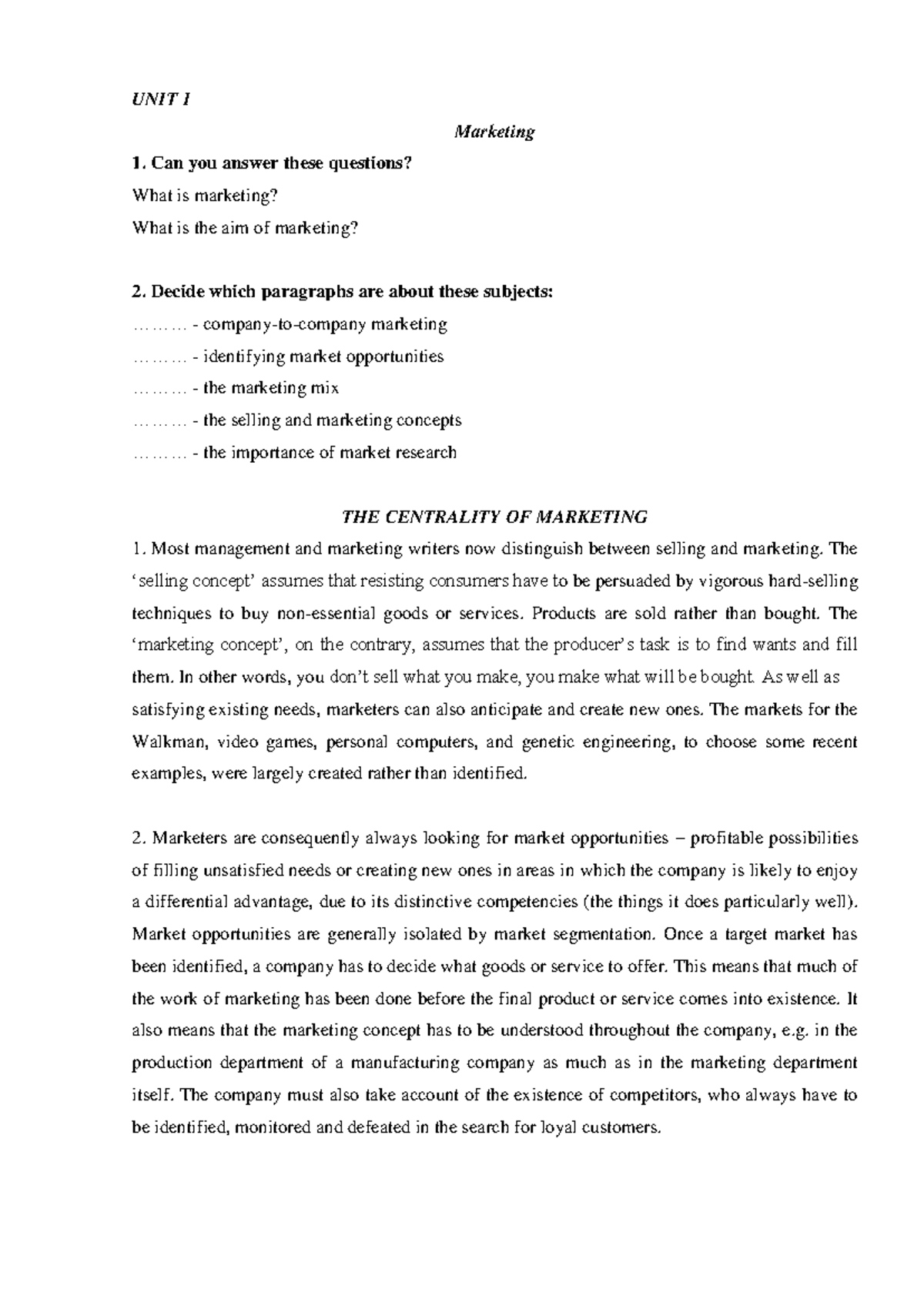 Unit 1: Introduction to Marketing Concepts and Strategies - Studocu