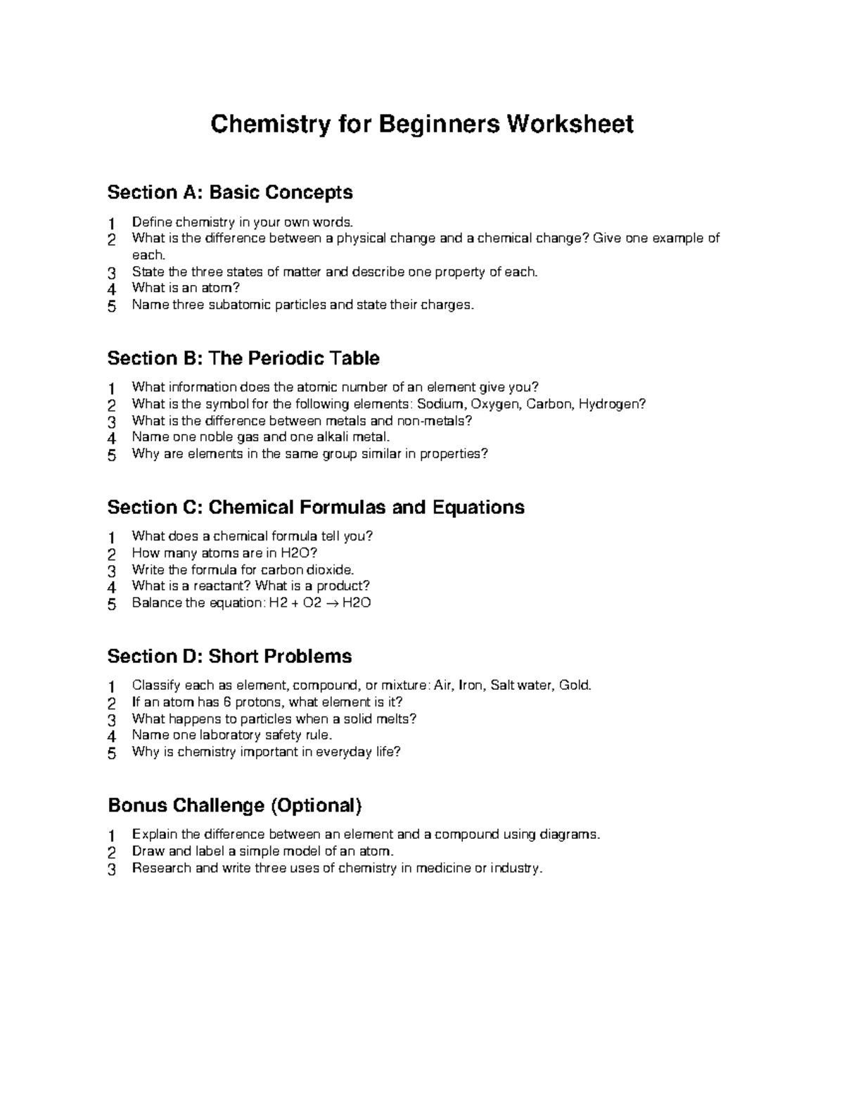 Chemistry for Beginners: Worksheet on Basic Concepts & Periodic Table ...