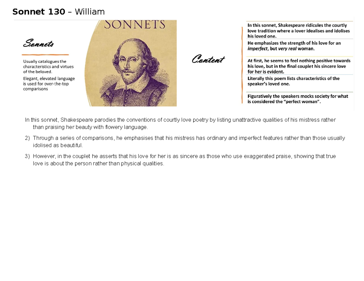 Sonnet 130 notes - 1) In this sonnet, Shakespeare parodies the ...