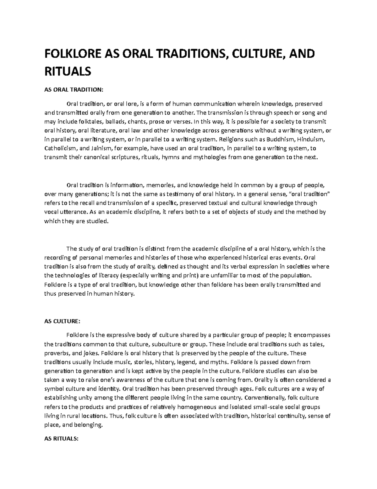 Folklore AS Oral Traditions: Cultural and Ritual Perspectives - Studocu