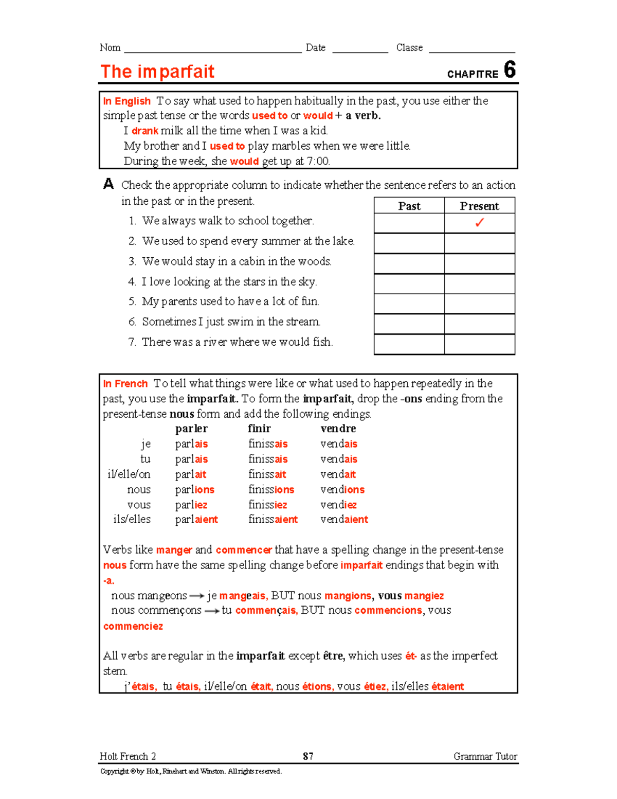 Grammar tutor French 2 imparfait - Holt French 2 87 Grammar Tutor The ...