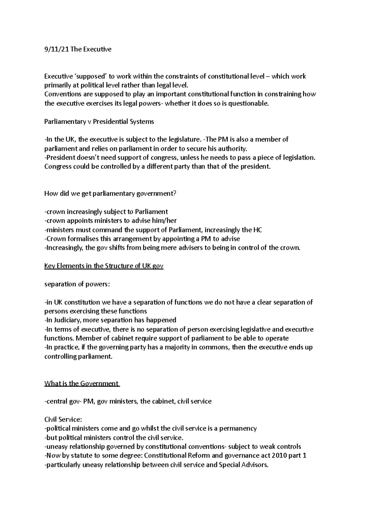 Executive Lecture Notes: Understanding UK Government Structure and ...