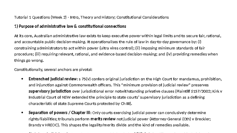 Tutorial 1 Questions (Week 2) - Intro, Theory & Constitutional Law ...