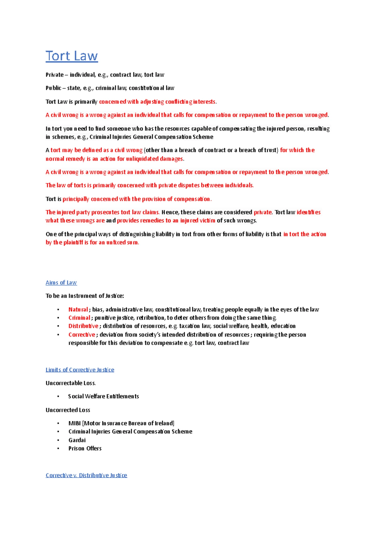Tort Law Lecture Notes - Tort Law - LW151 – Tort Law Contents Tort ...