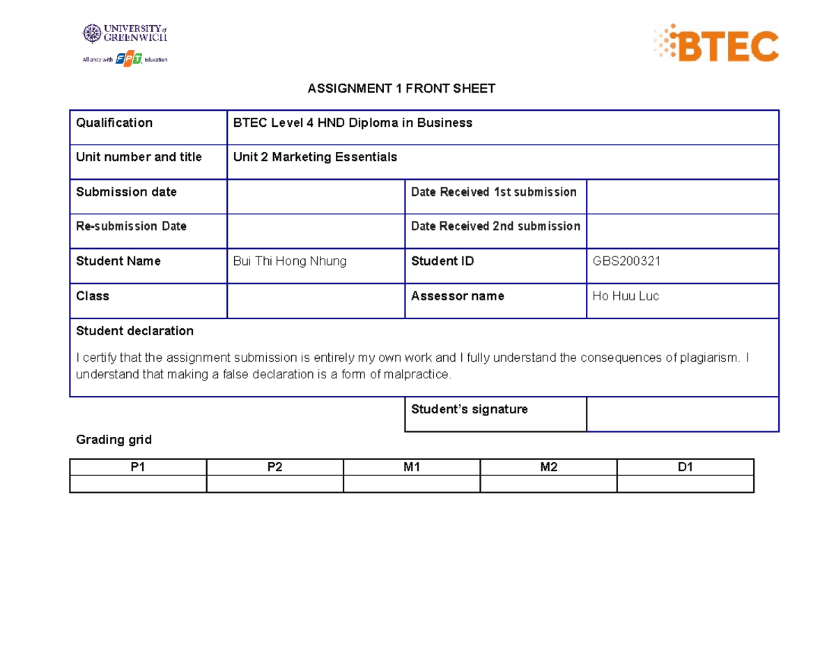 486 - Assignment 1 - asm - ASSIGNMENT 1 FRONT SHEET Qualification BTEC Level 4 HND Diploma in ...