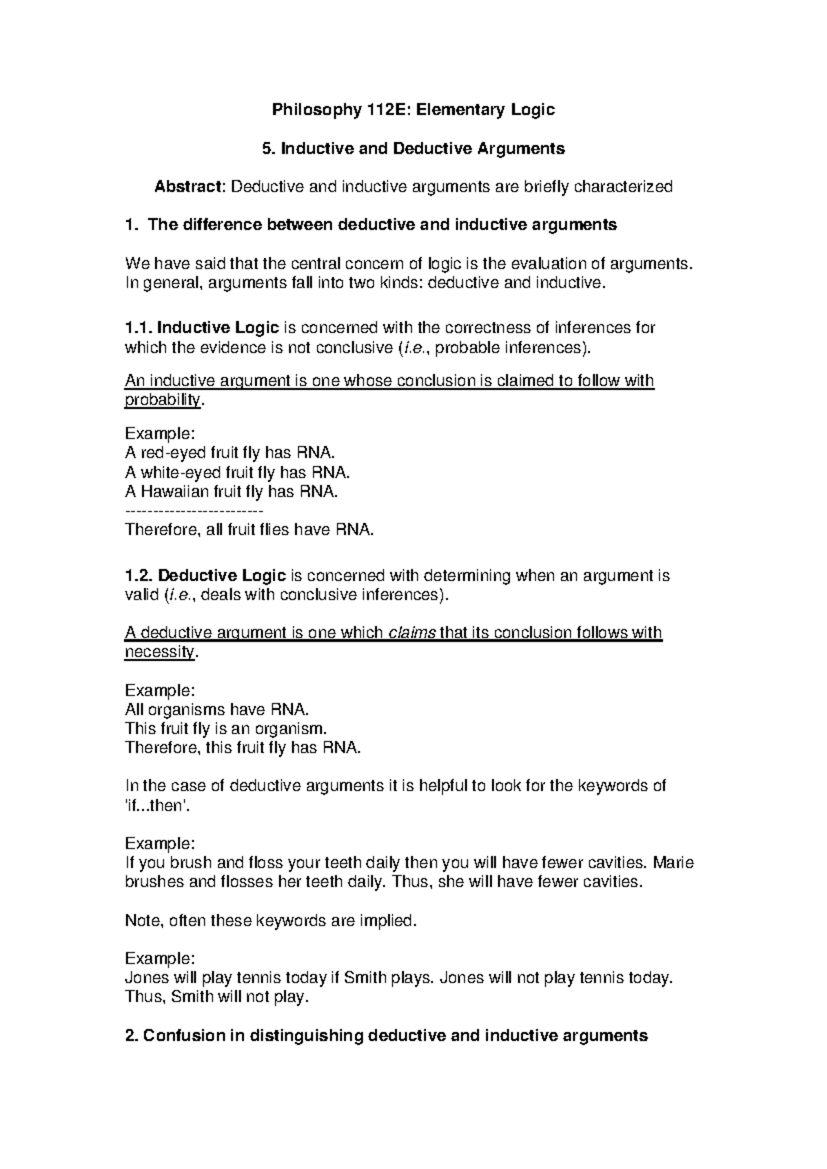Philosophy 112E: Inductive & Deductive Arguments Overview with Examples ...