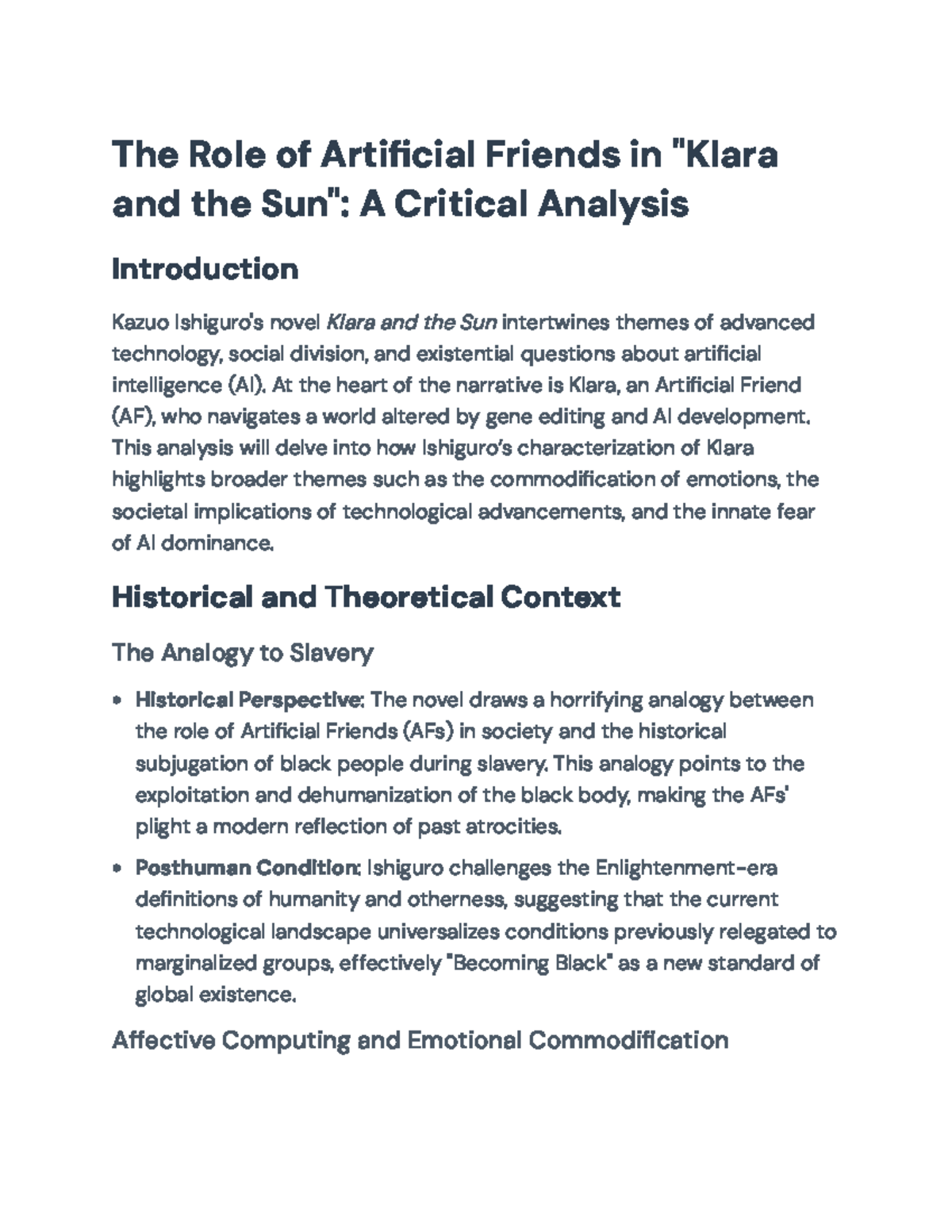 Critical Analysis of AI & Humanity in "Klara and the Sun" (ENG 101 ...