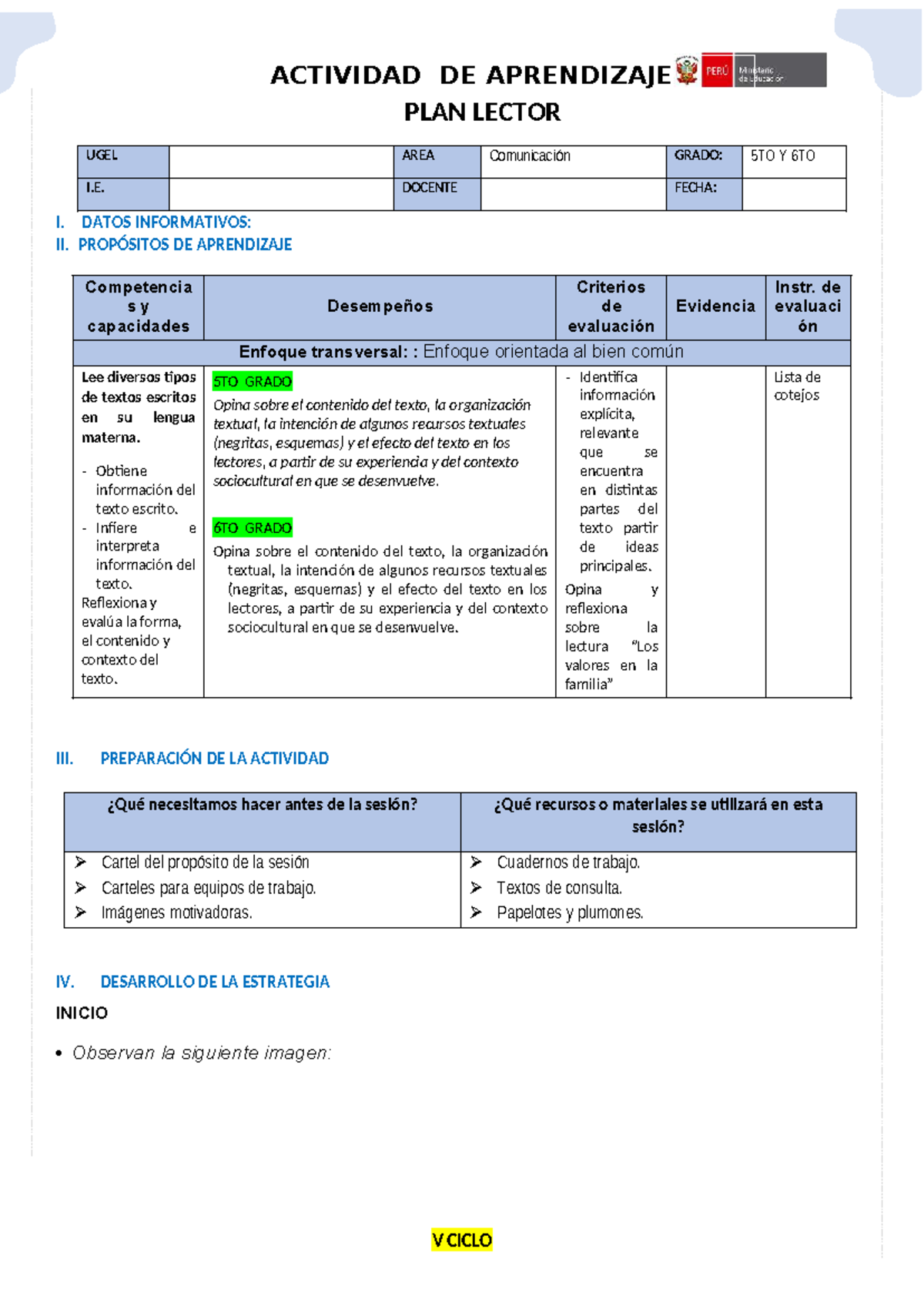 Plan Lector para 5to y 6to Grado - Actividad de Aprendizaje V Ciclo ...