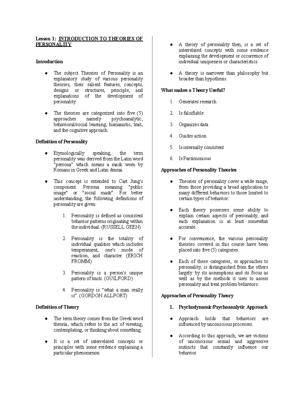Lesson 1: Theories of Personality Overview and Approaches - Studocu