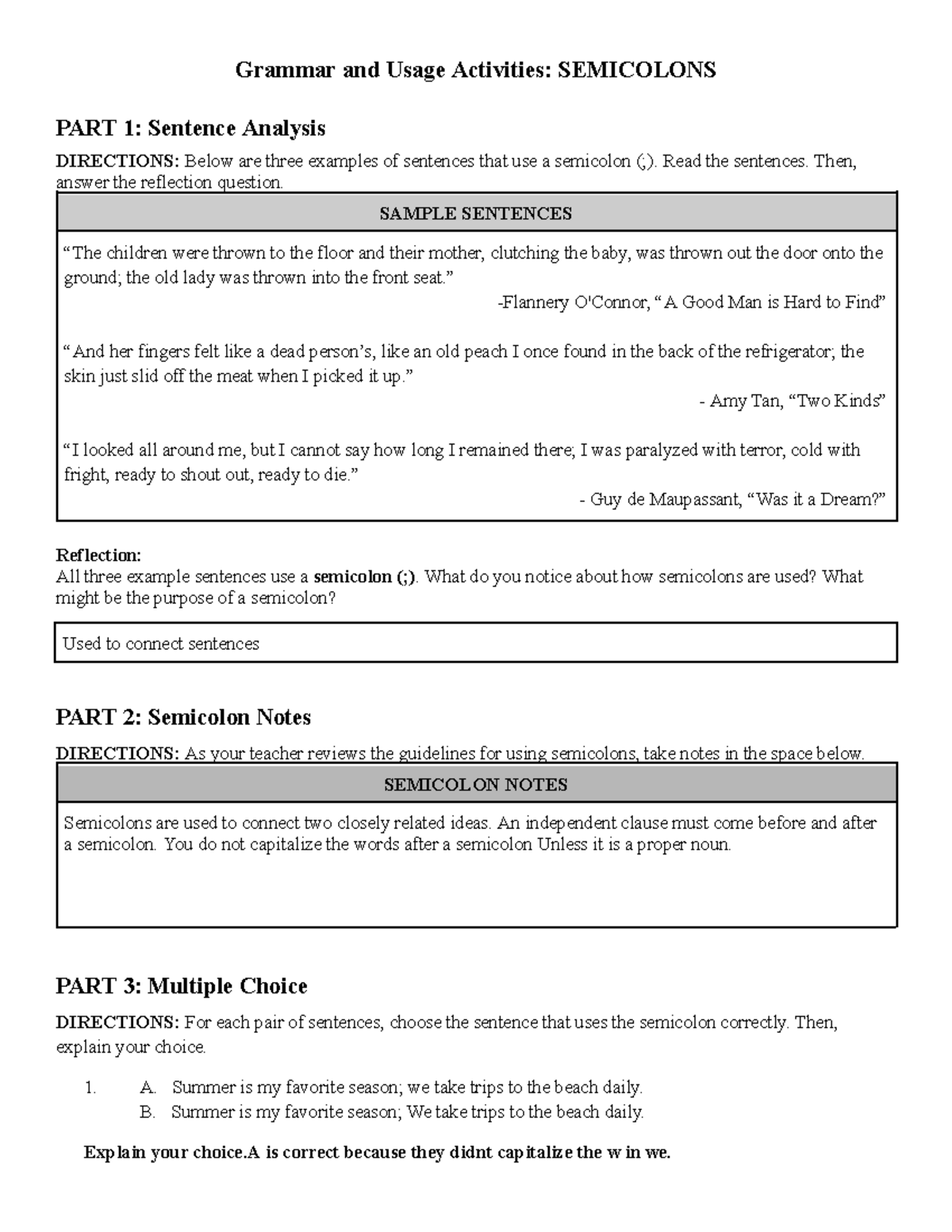 Grammar and Usage Activities: Understanding Semicolons and Their Use ...
