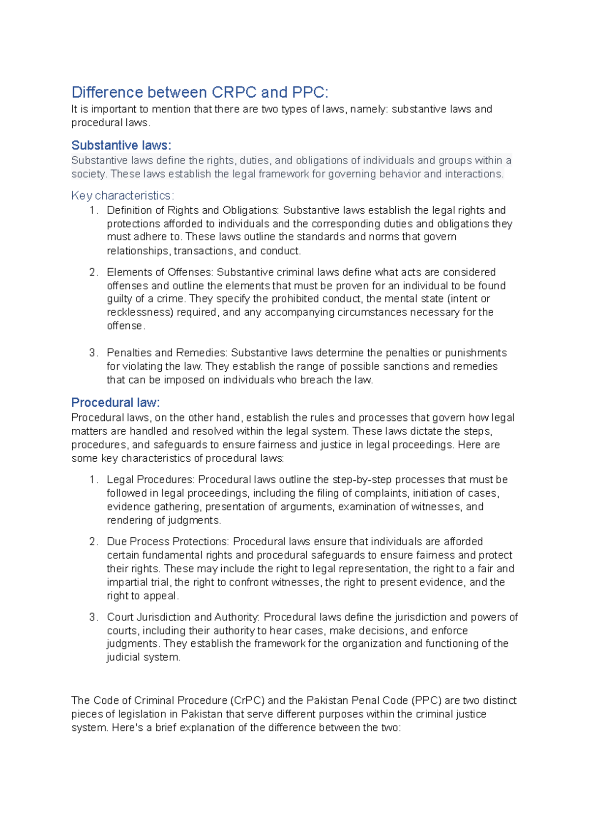 Understanding the Differences Between CrPC and PPC in Pakistan - Studocu