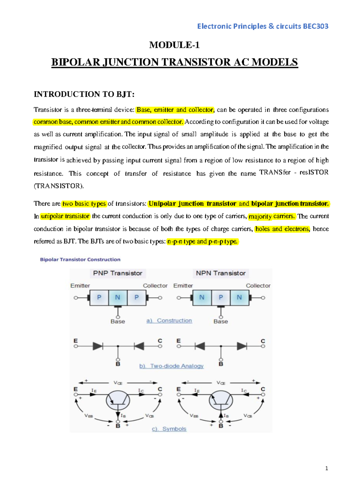 Electronic Principles & Circuits BEC303: BJT AC Models Overview - Studocu
