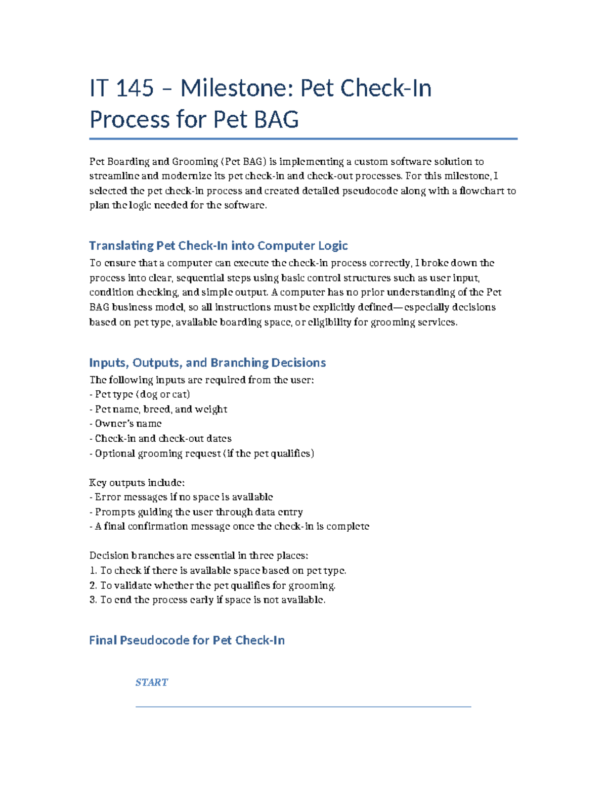 IT 145 Milestone: Pet BAG Check-In Process with Pseudocode & Flowchart - Studocu