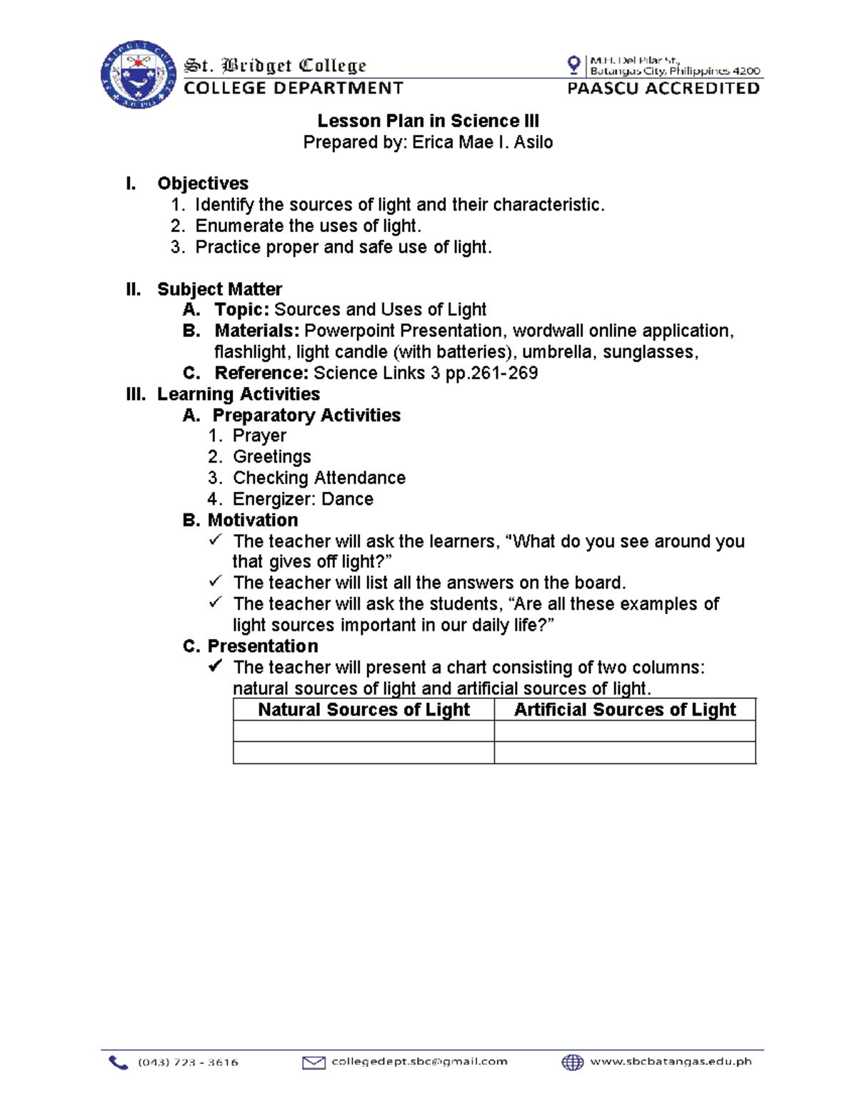 SBC DEMO Science - Detailed Lesson Plan on Light Sources & Uses - Studocu