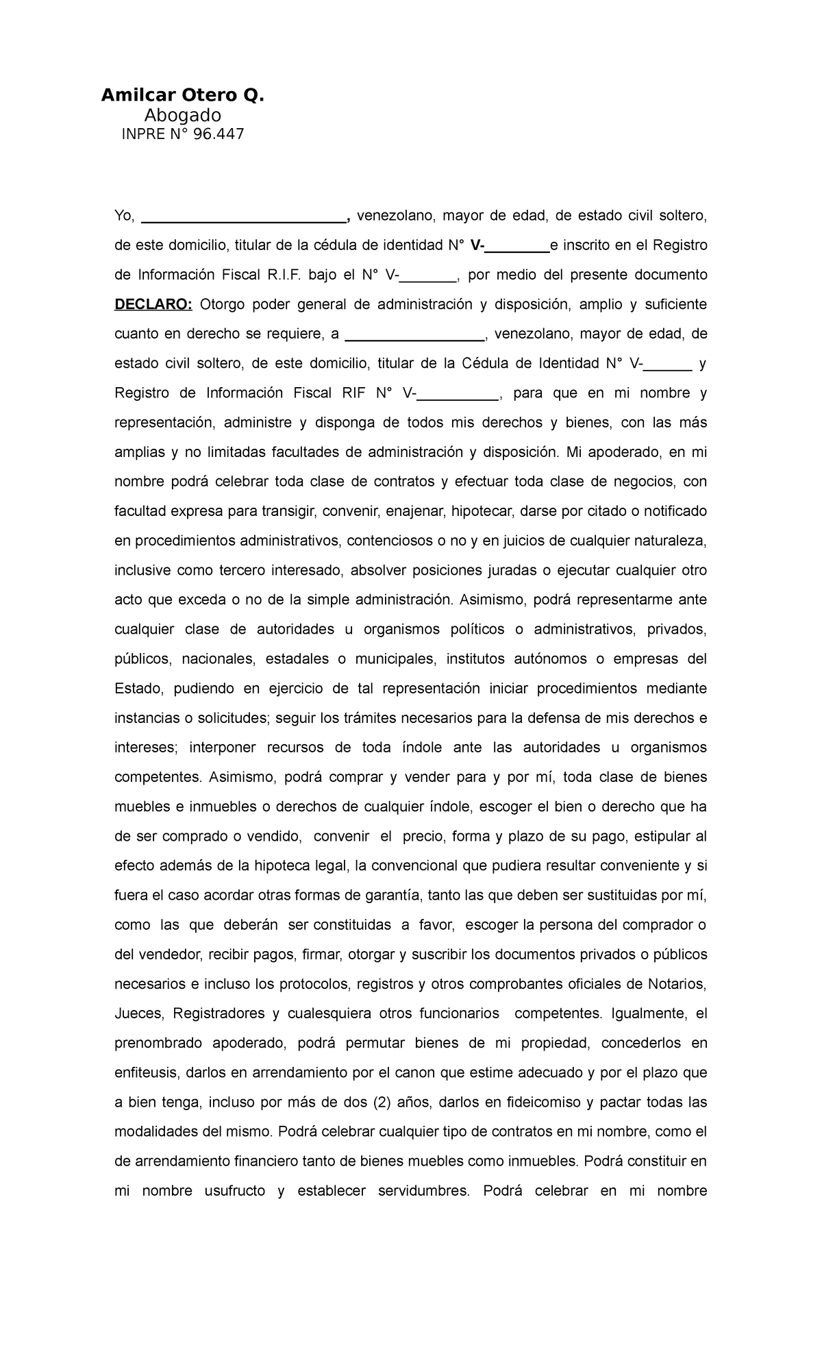 Poder Especial Amplio - Modelo de Documento Legal - Studocu