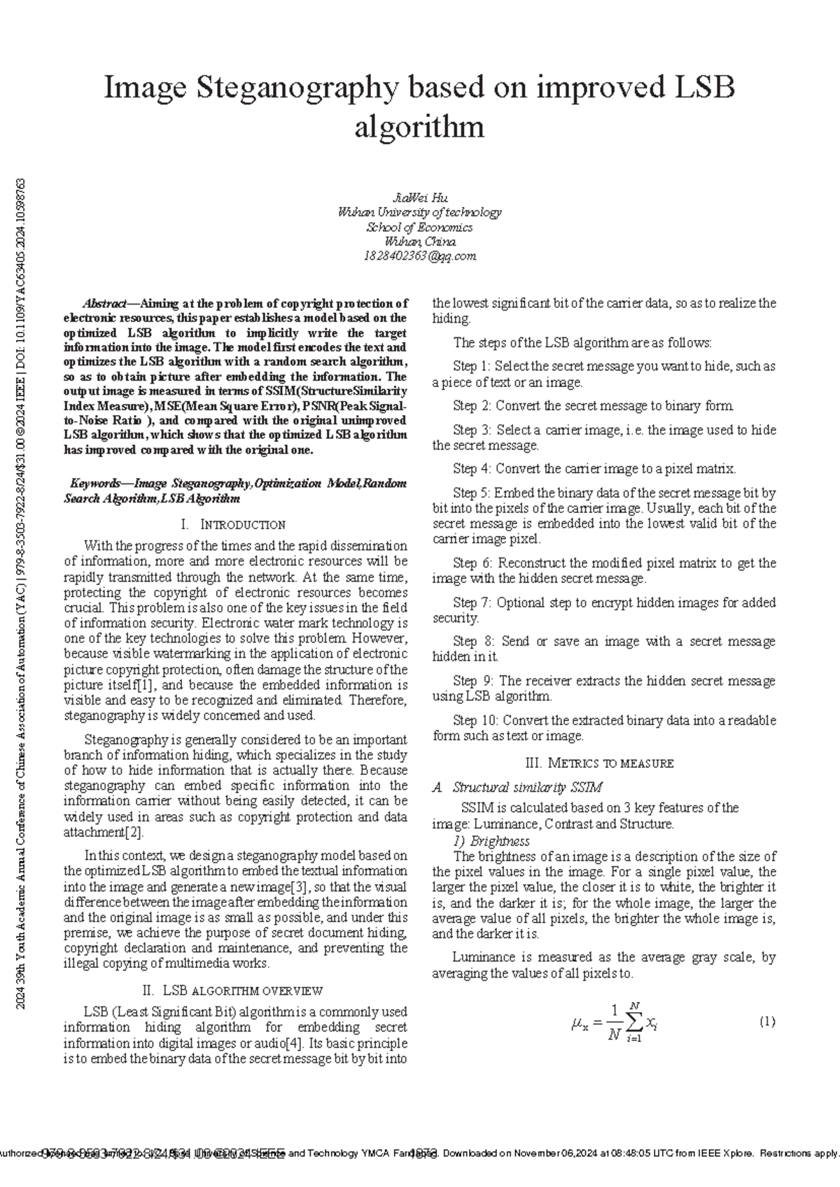 Image Steganography based on improved LSB algorithm - 979-8-3503-7922-8/24/$31 ©2024 IEEE 1673 ...