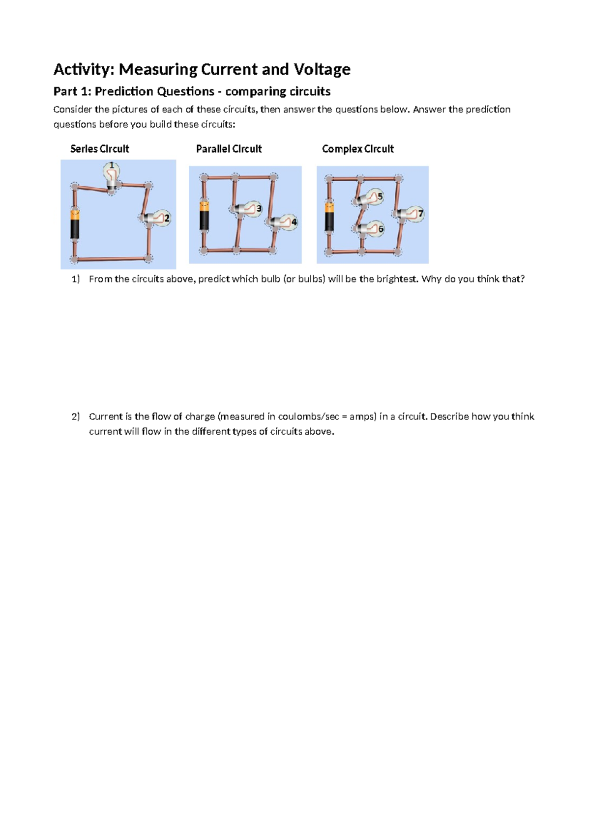 Activity: Measuring Current and Voltage (Part 1) - Prediction Questions ...