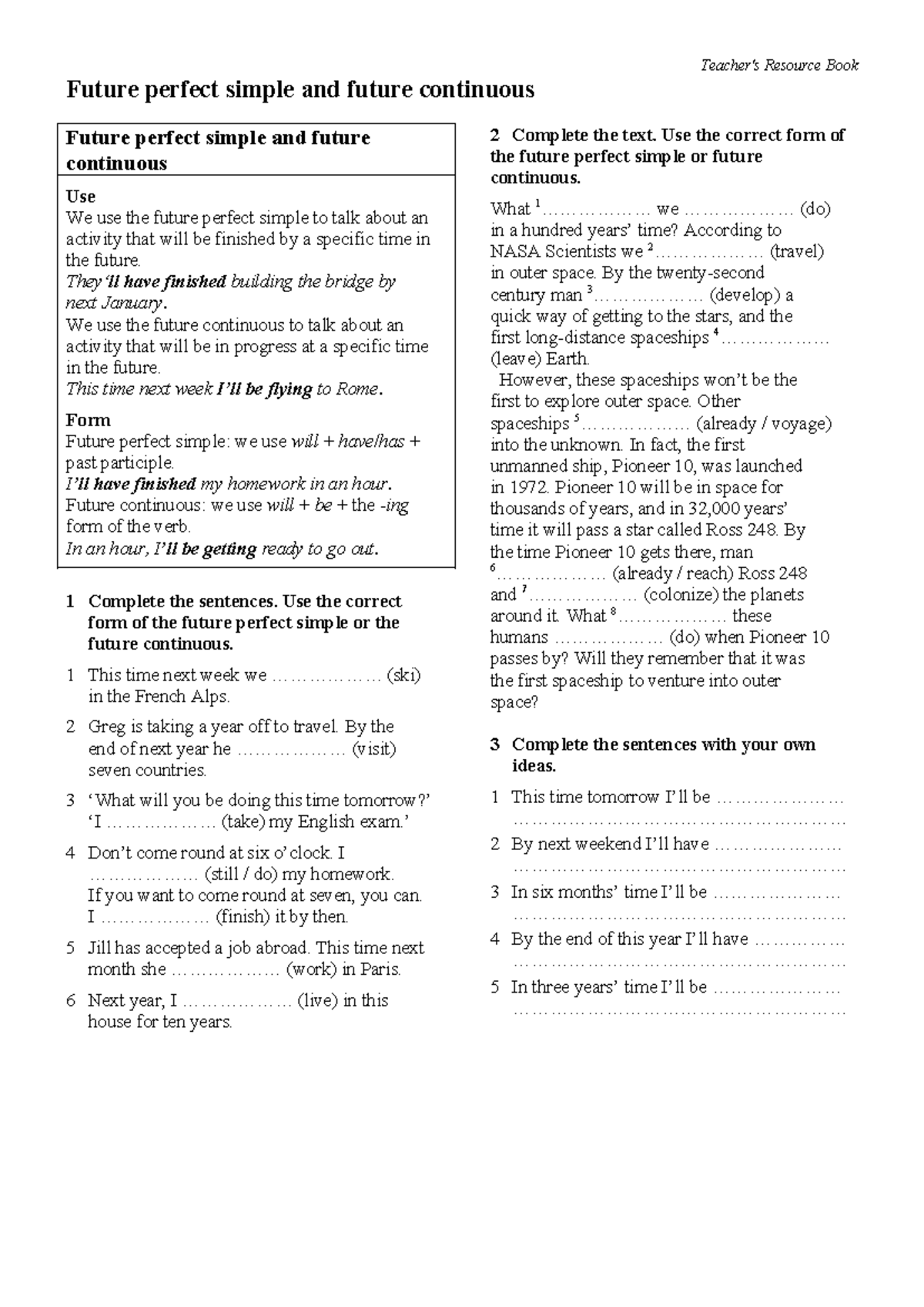 FUT Perfect AND CONT - Inglés - Teacher's Resource Book Future perfect ...