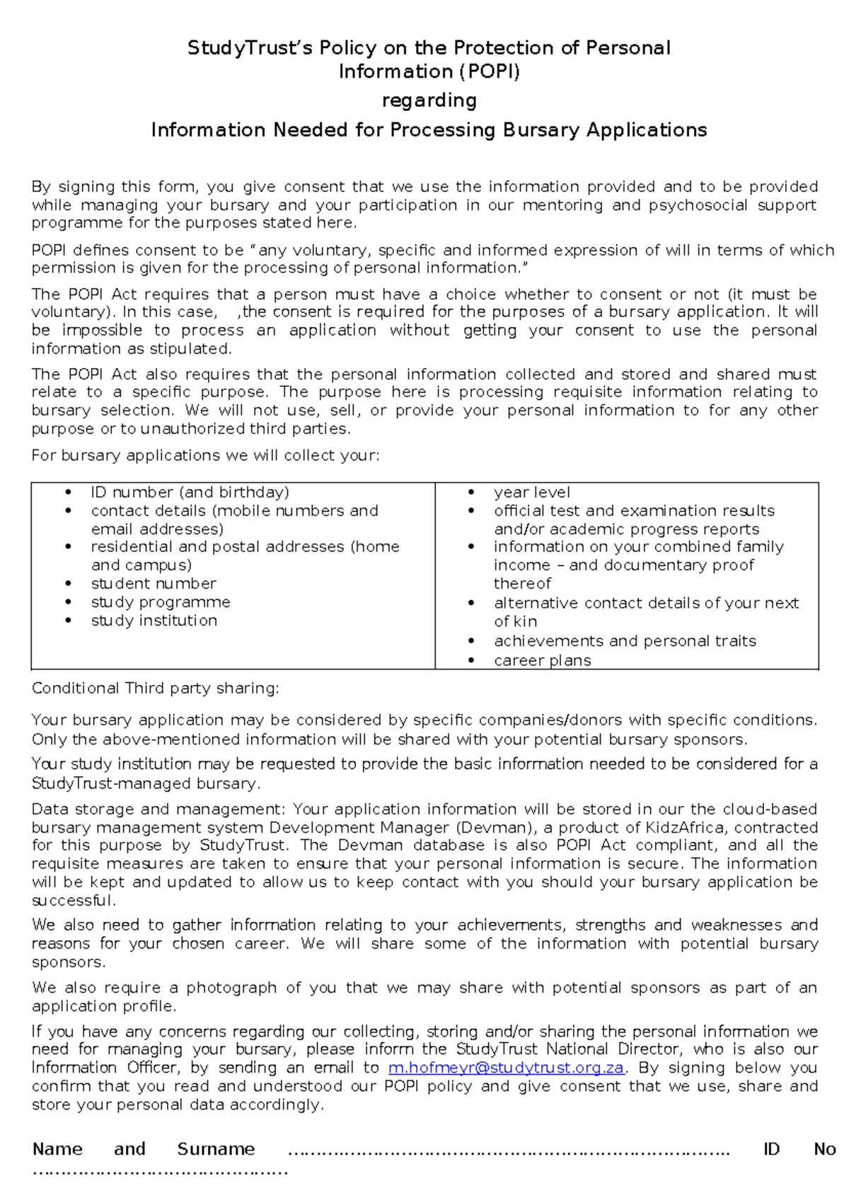 Study Trust POPI Consent Form for Bursary Applications - Studocu