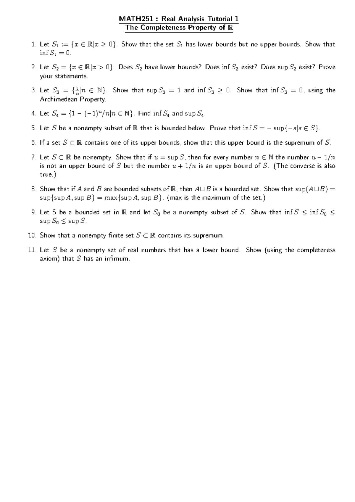 MATH251: Real Analysis Tutorial 6 - Completeness and Limit Theorems - Studocu
