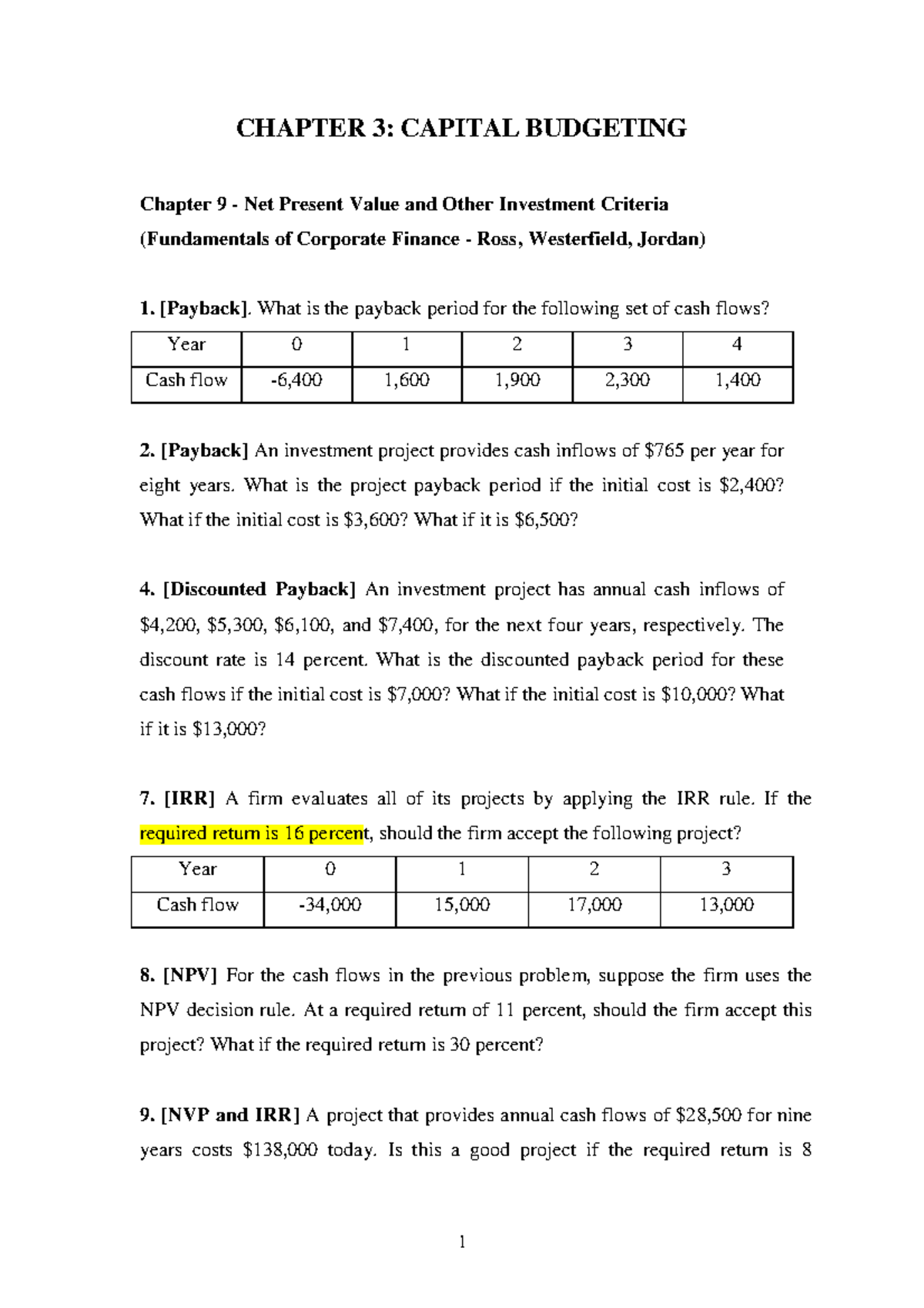 Exercise Chapter 3 - 1 CHAPTER 3: CAPITAL BUDGETING Chapter 9 - Net ...