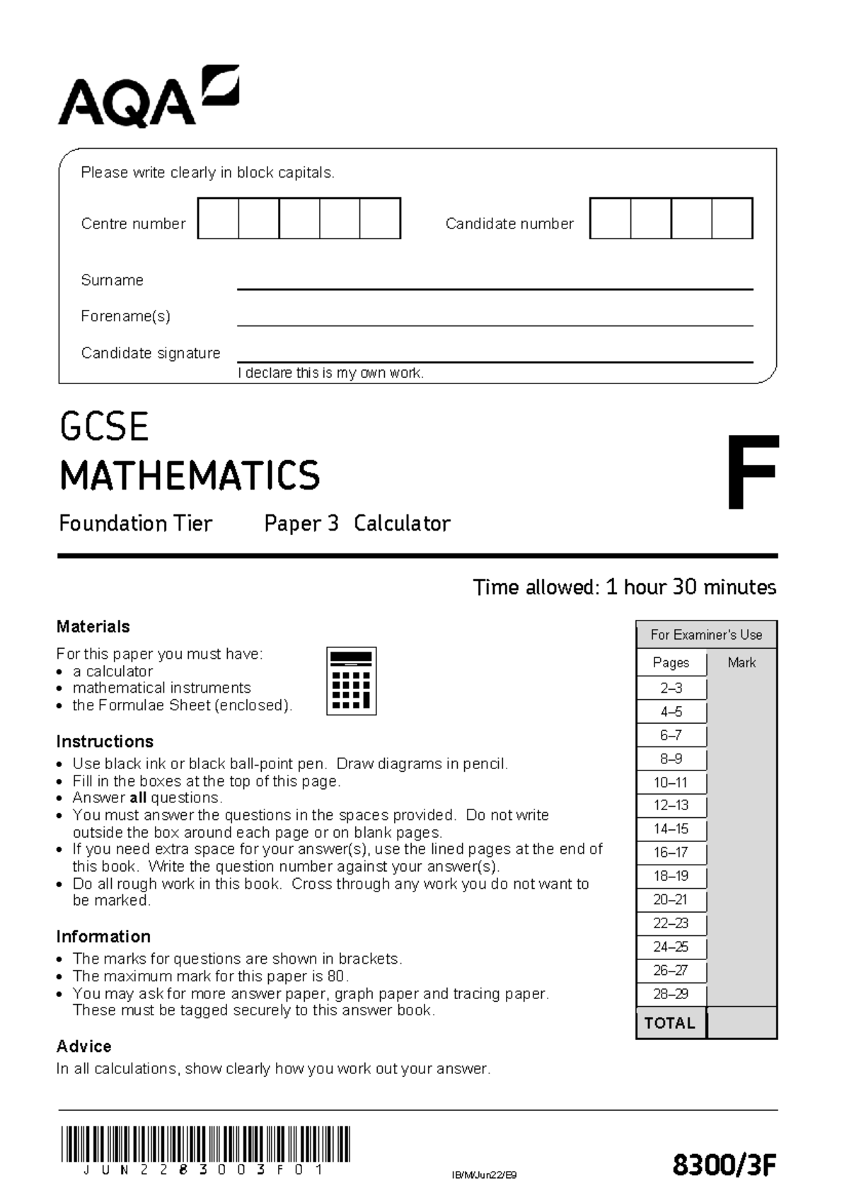 GCSE MATHEMATICS F Paper 3 Calculator - Exam Instructions and Questions ...