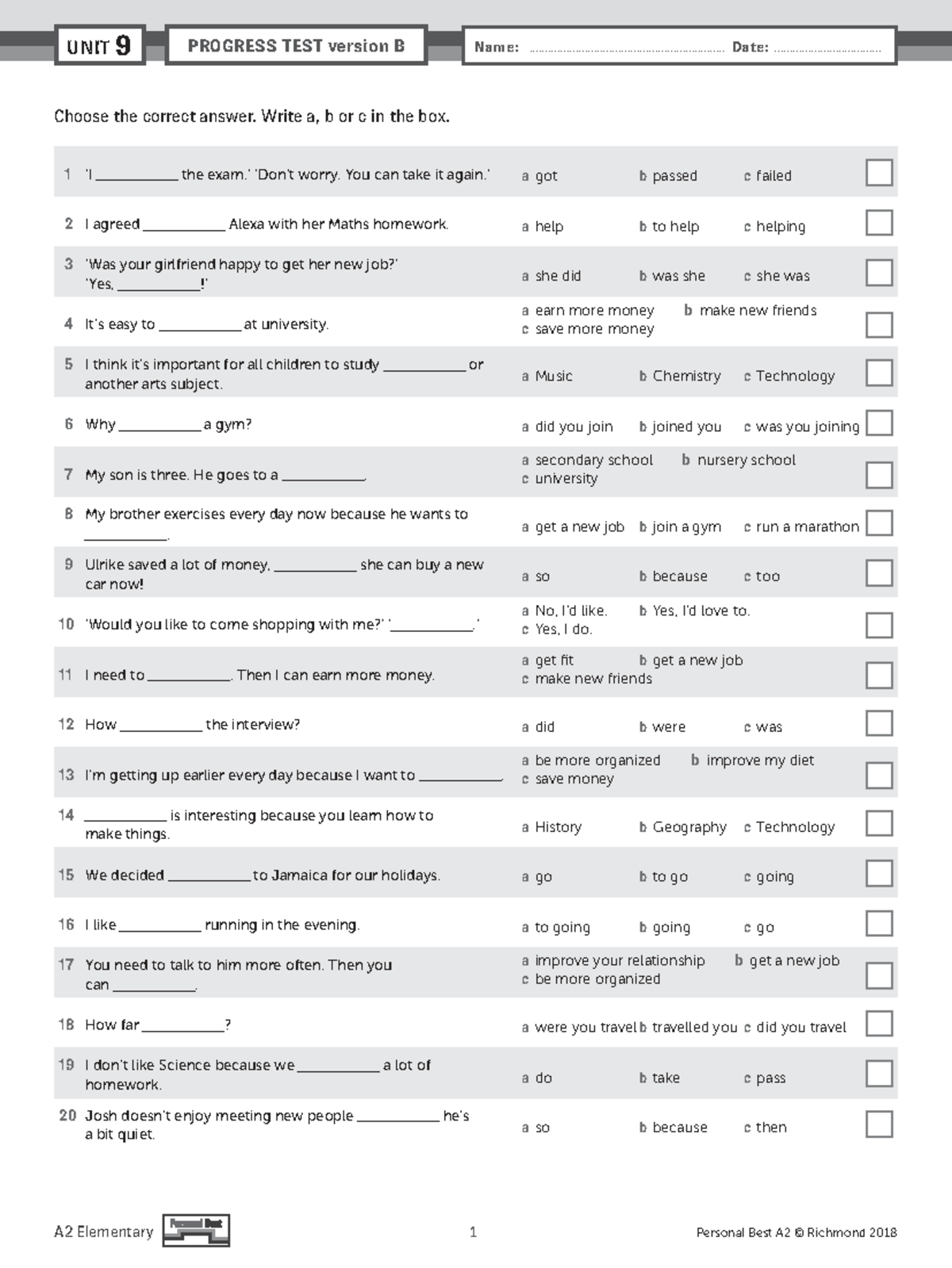 UNIT 9 PROGRESS TEST B - A2 Elementary English Exam - Studocu