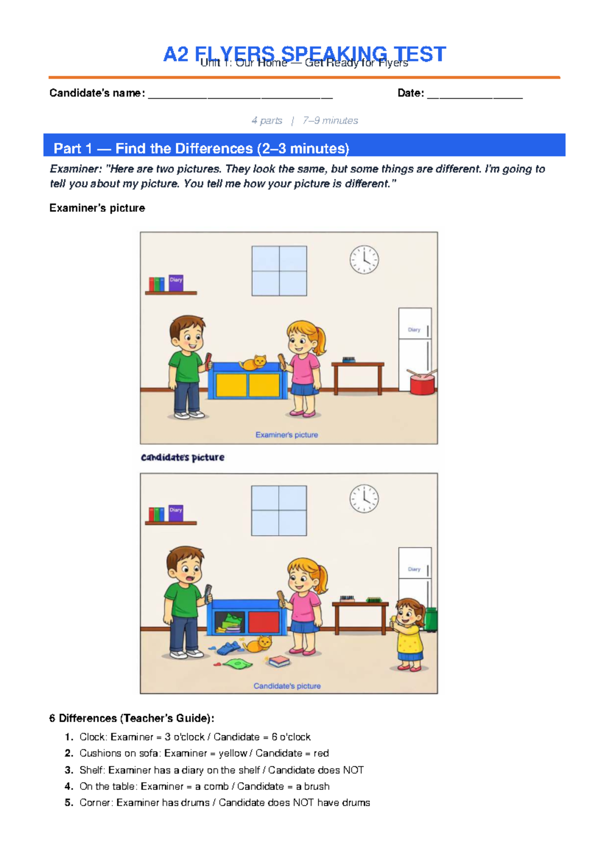 Flyers A2 Speaking Test: Unit 1 - Our Home Guide - Studocu