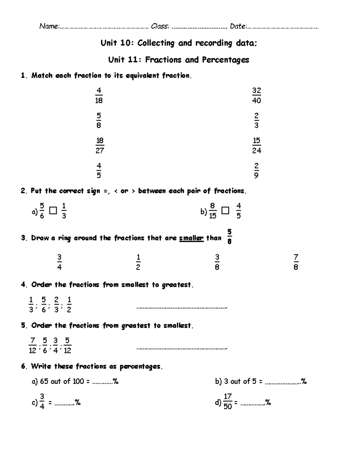 DATA Fractions Percentages - Name