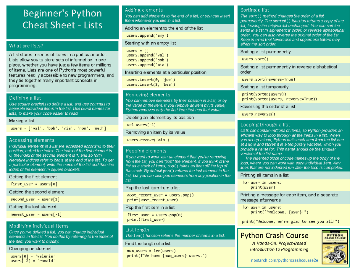 Beginners Python Cheat Sheet: Lists (PCC) - Studocu