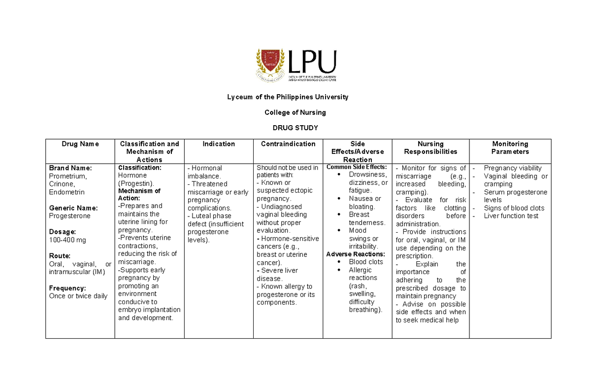Progesterone drug study - Lyceum of the Philippines University College ...
